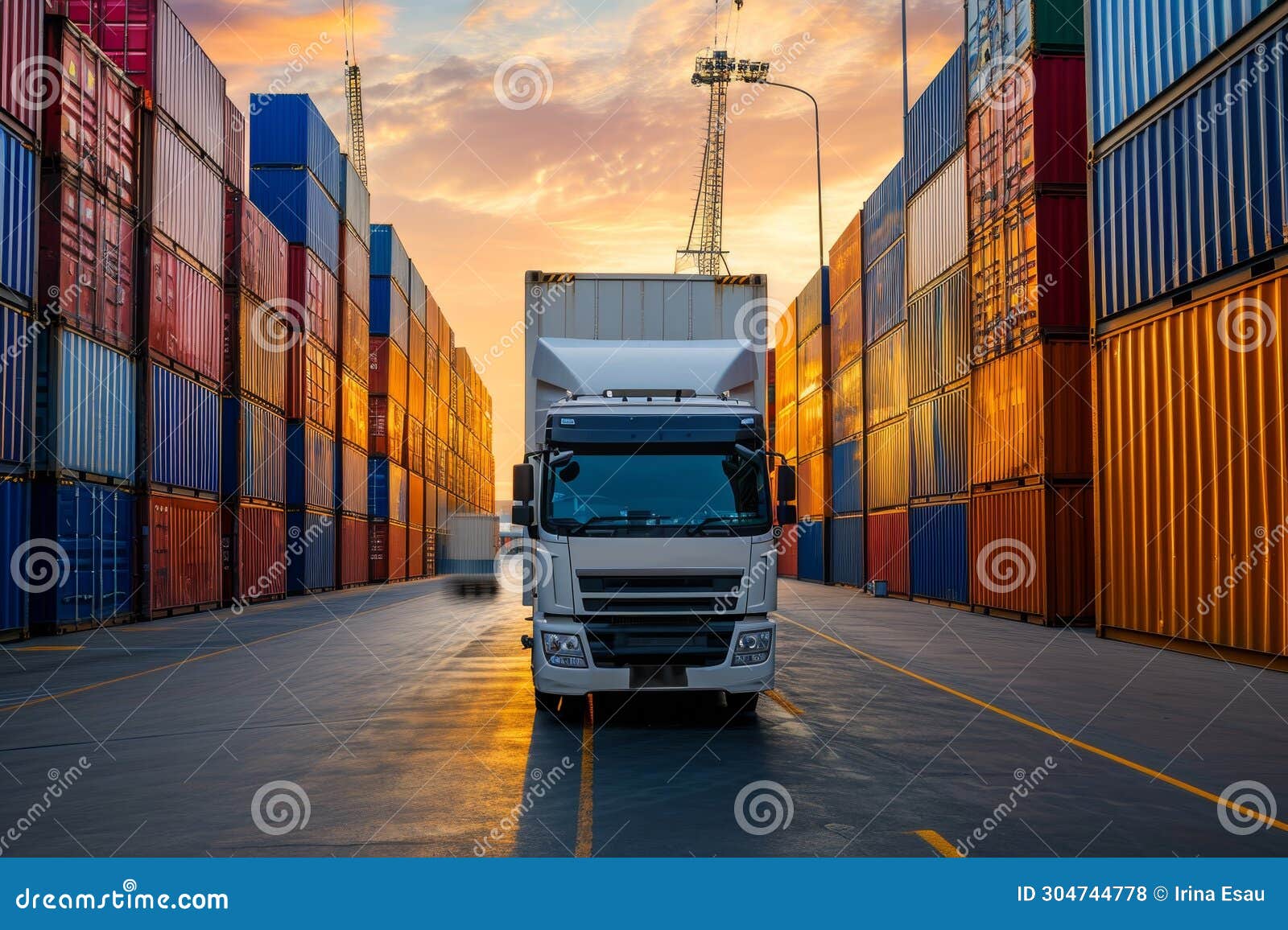 Truck between Containers at Sunset in Port. Stock Photo - Image of ...