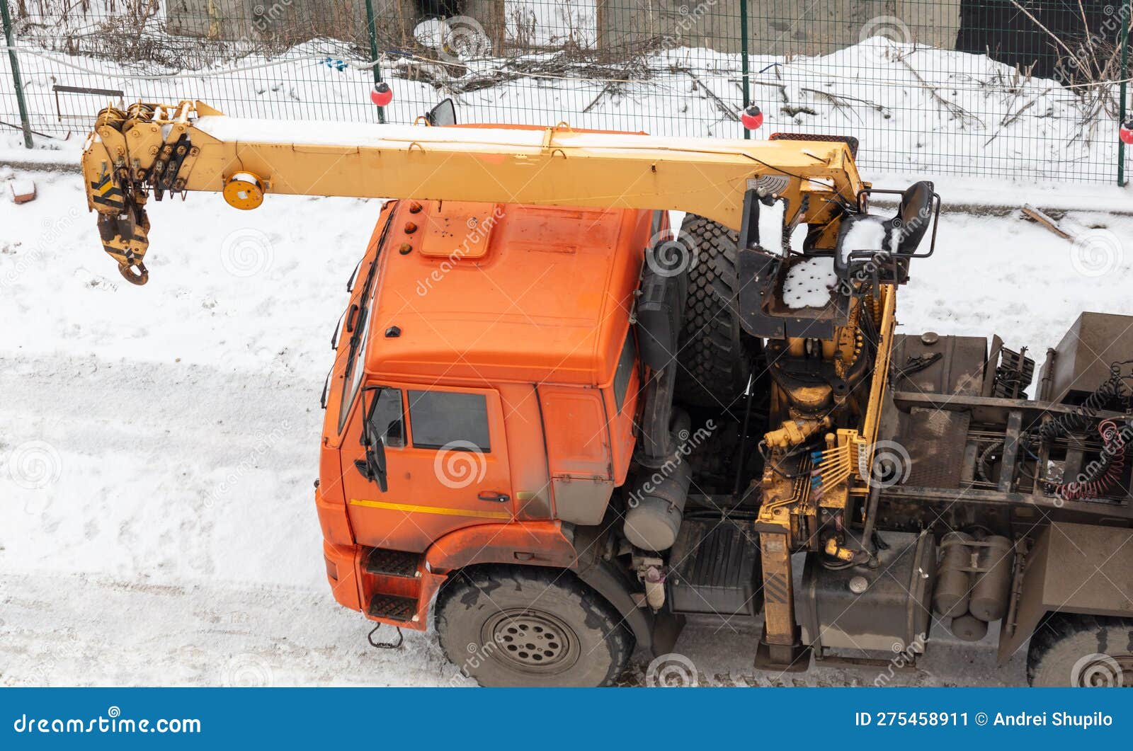 Truck Crane on the Snow in Winter Editorial Photo - Image of street ...