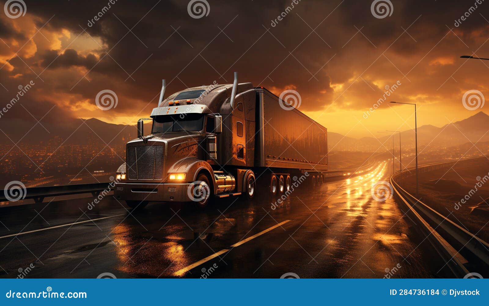 Truck Delivering Freight, Speeding on Multiple Lane Highway at Dusk ...