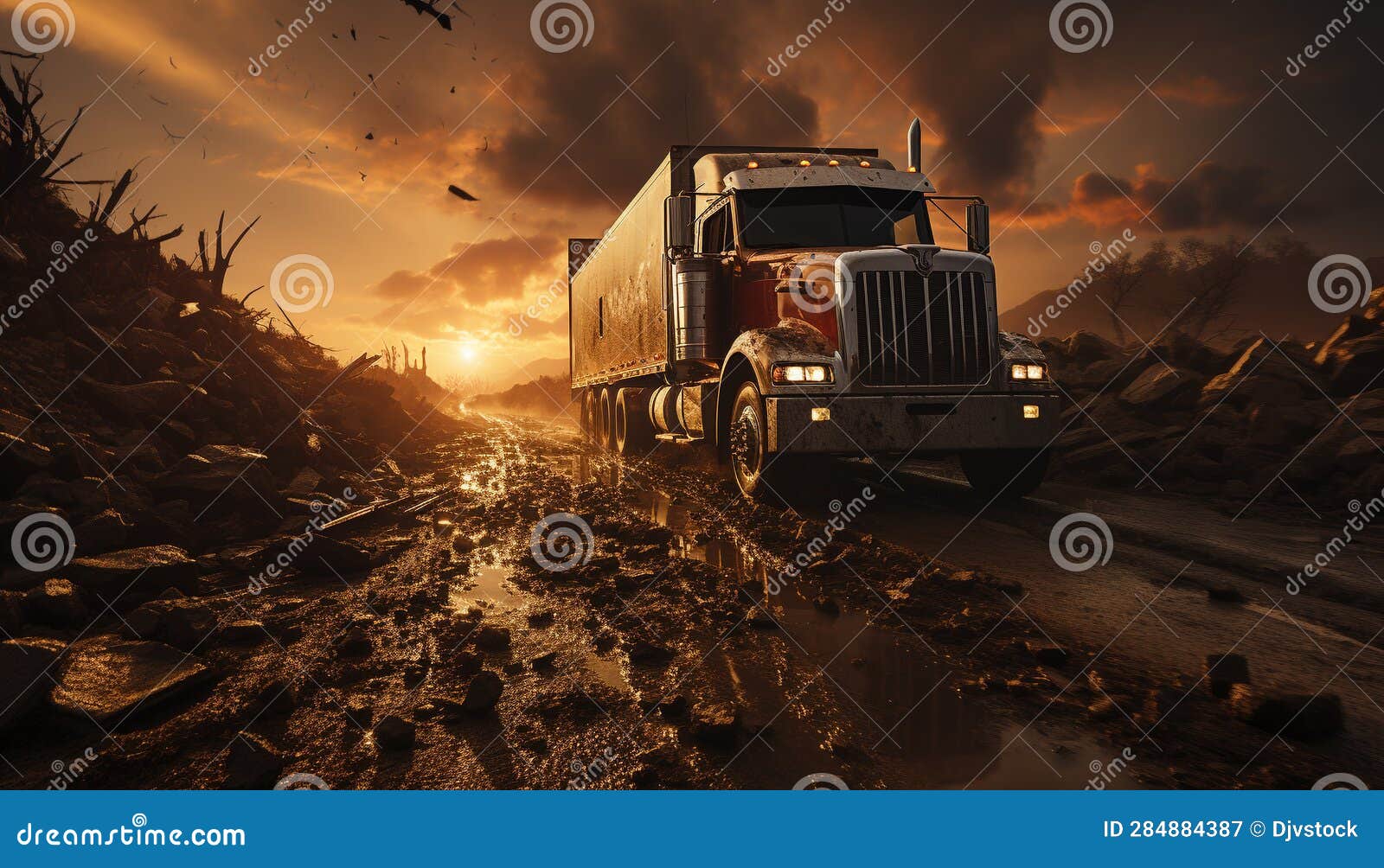 Truck Delivering Freight, Speeding on Multiple Lane Highway at Dusk ...