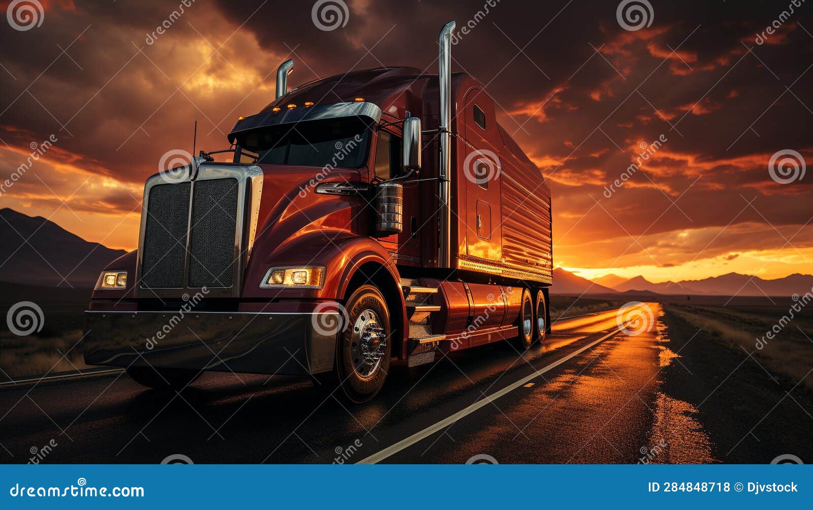 Truck Delivering Freight, Speeding on Multiple Lane Highway at Sunset ...