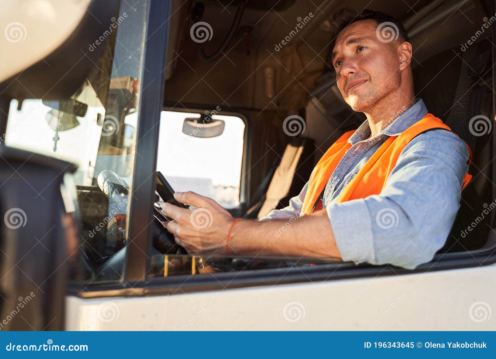 Truck driver in the cab stock image. Image of occupation - 196343645