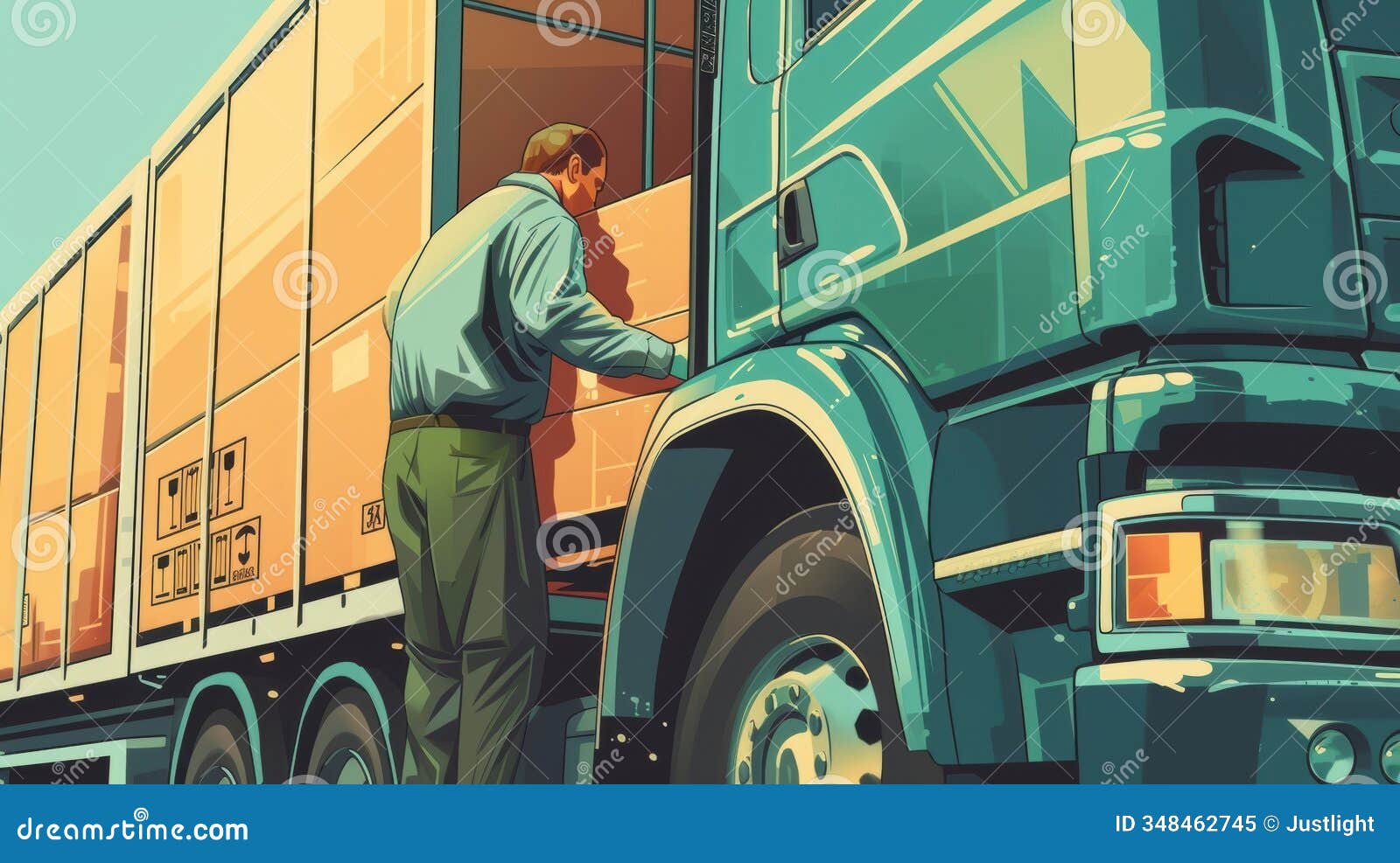 Truck Driver Loading Cargo in Semi Truck Trailer during Delivery Stock ...