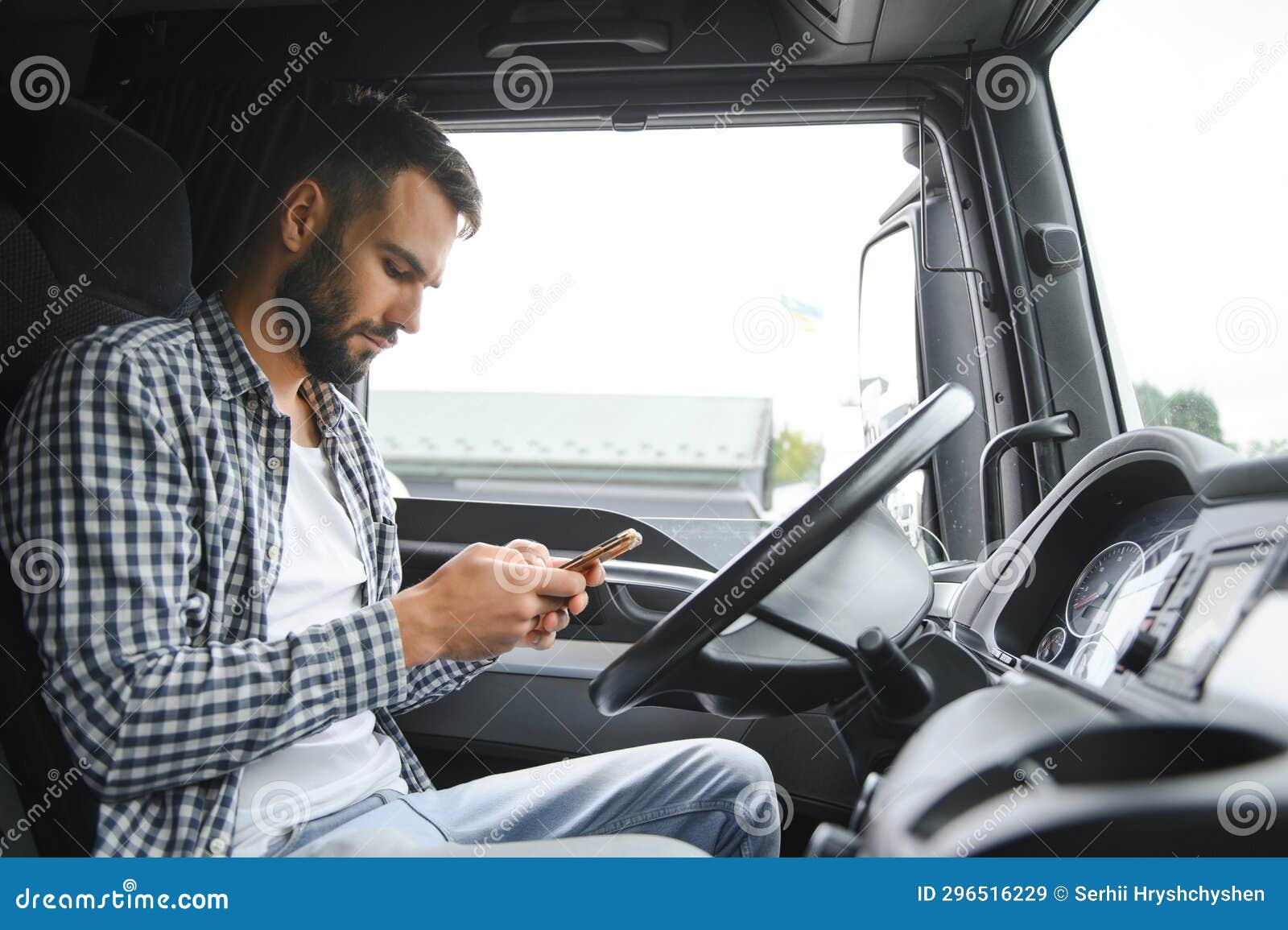 Truck Driver Sitting in Cab Stock Image - Image of steering, male ...