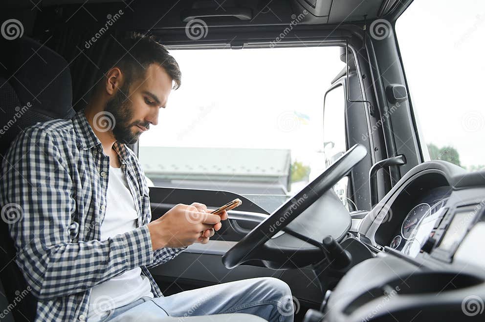 Truck Driver Sitting in Cab Stock Image - Image of steering, male ...