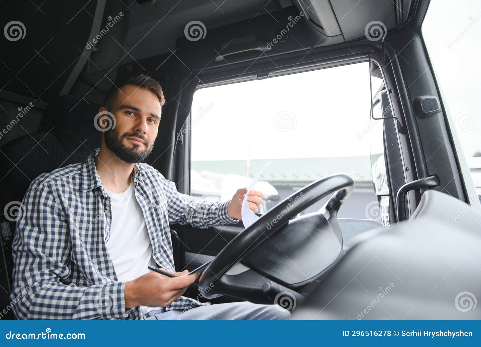 Truck Driver Sitting in Cab Stock Photo - Image of freight, cargo ...