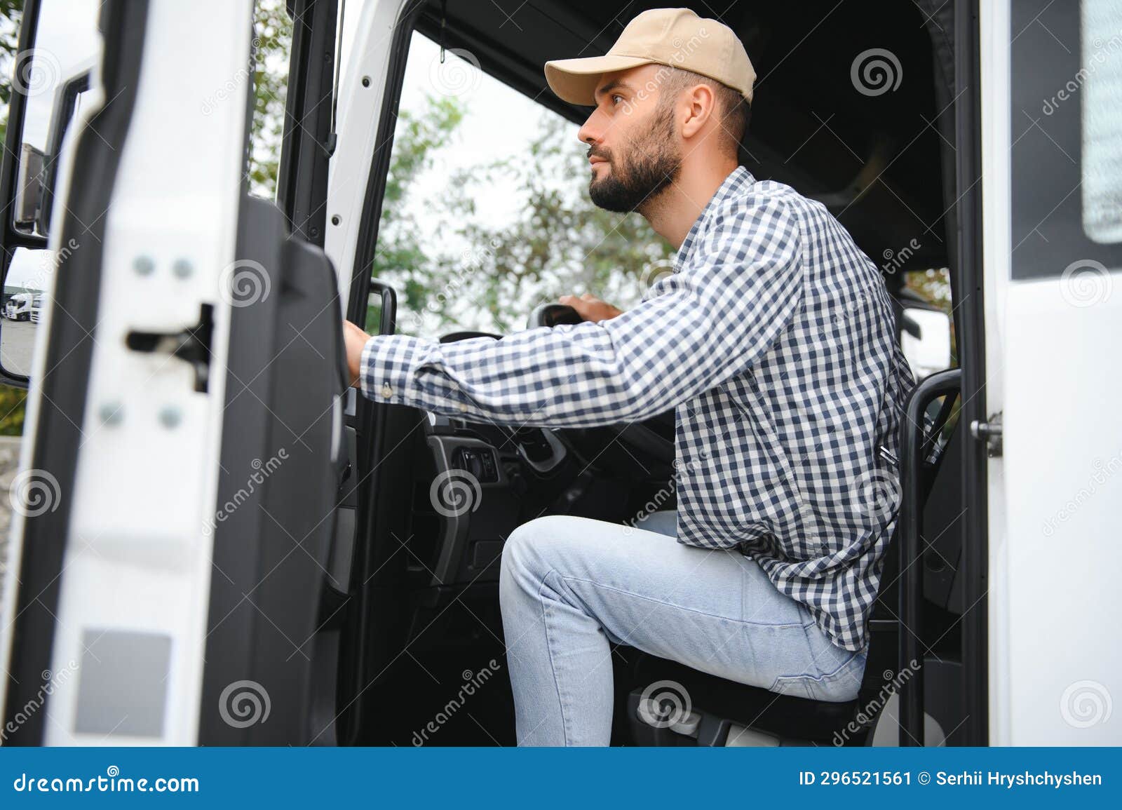 Truck Driver Sitting in Cab Stock Image - Image of hair, cargo: 296521561