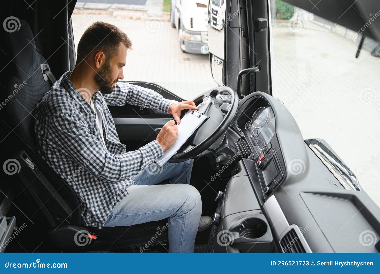 Truck Driver Sitting in Cab Stock Image - Image of driving, road: 296521723