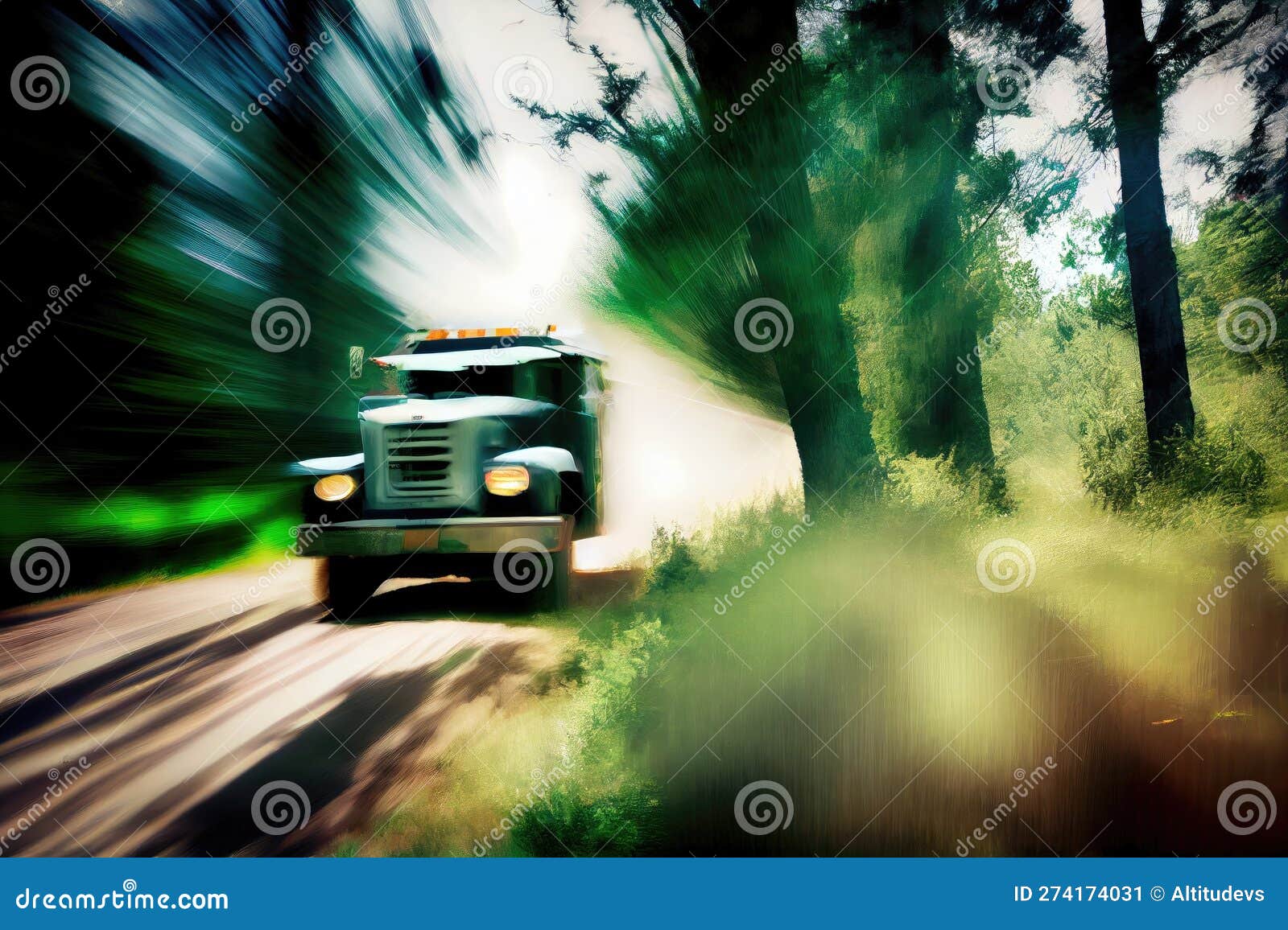 Truck Flying Past Forest with Trees and Branches Whizzing by in Blur ...