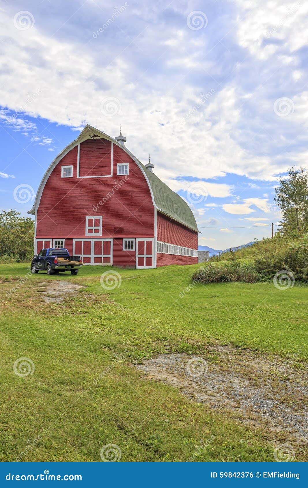 Truck in Front of Classic Old Red Barn in Vermont Stock Photo - Image ...
