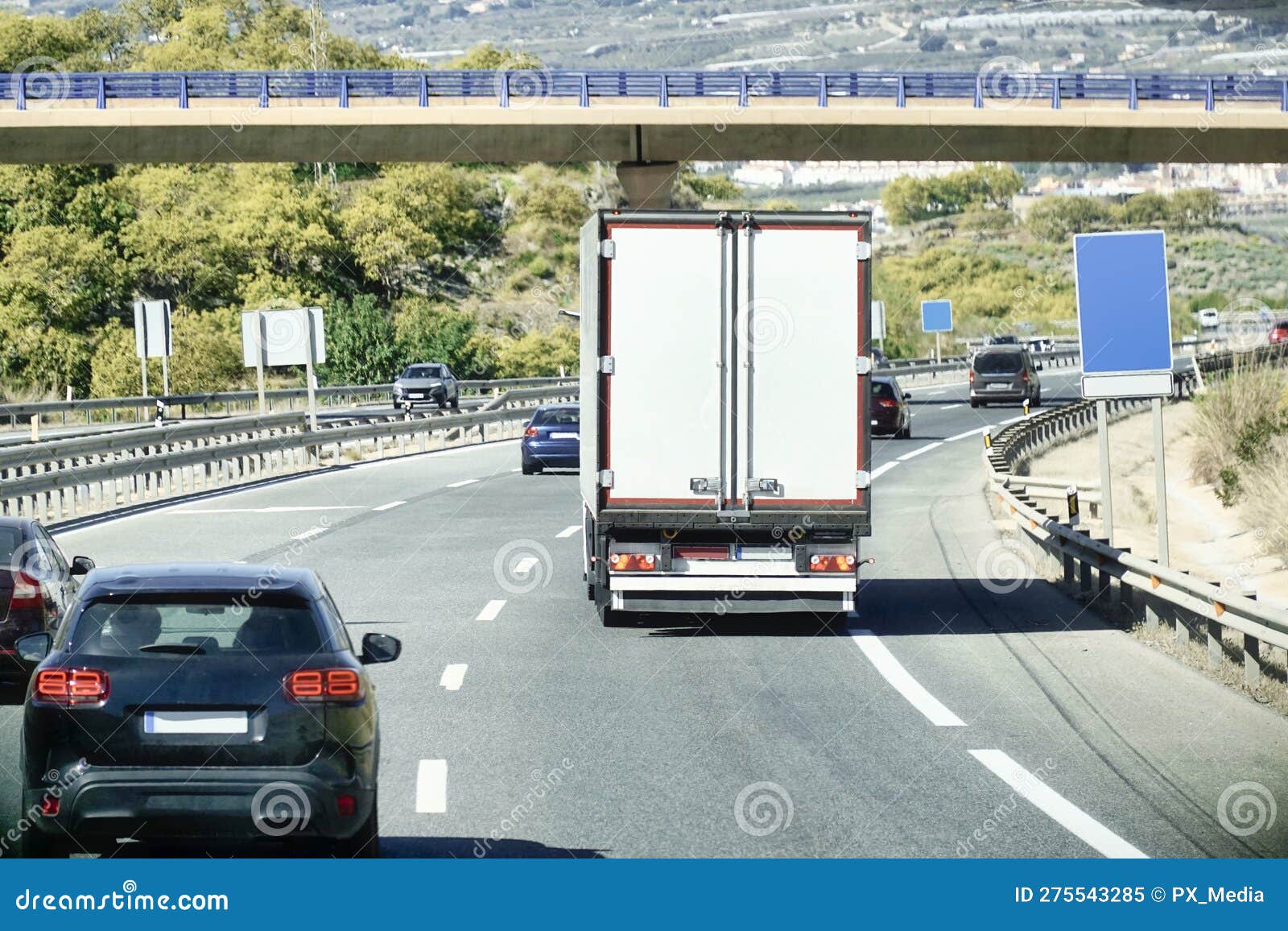 Truck on a Highway - Back View Stock Image - Image of transit ...