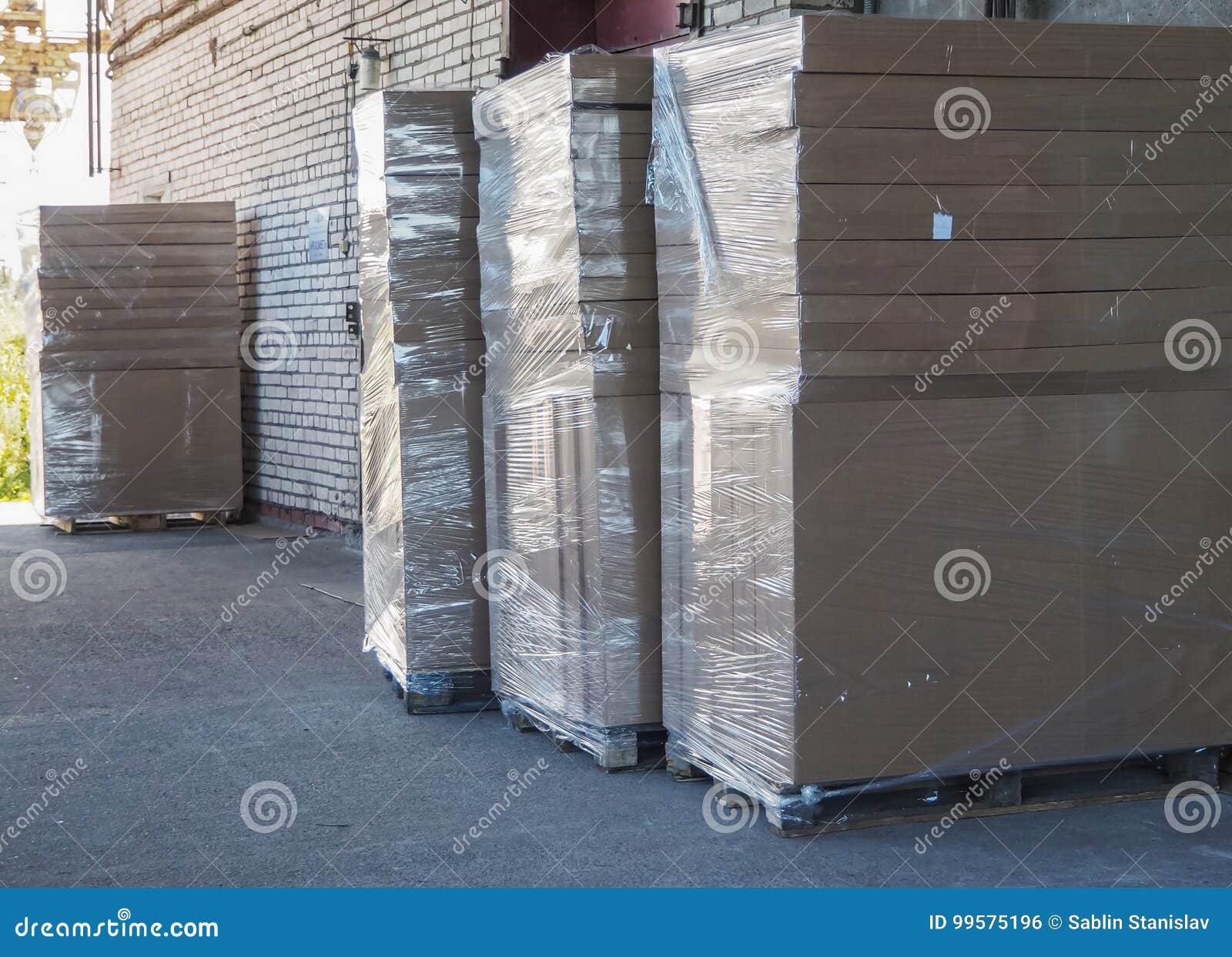 Truck Loading and Shipping. Stack of Carton Boxes on Pallet Ready for ...