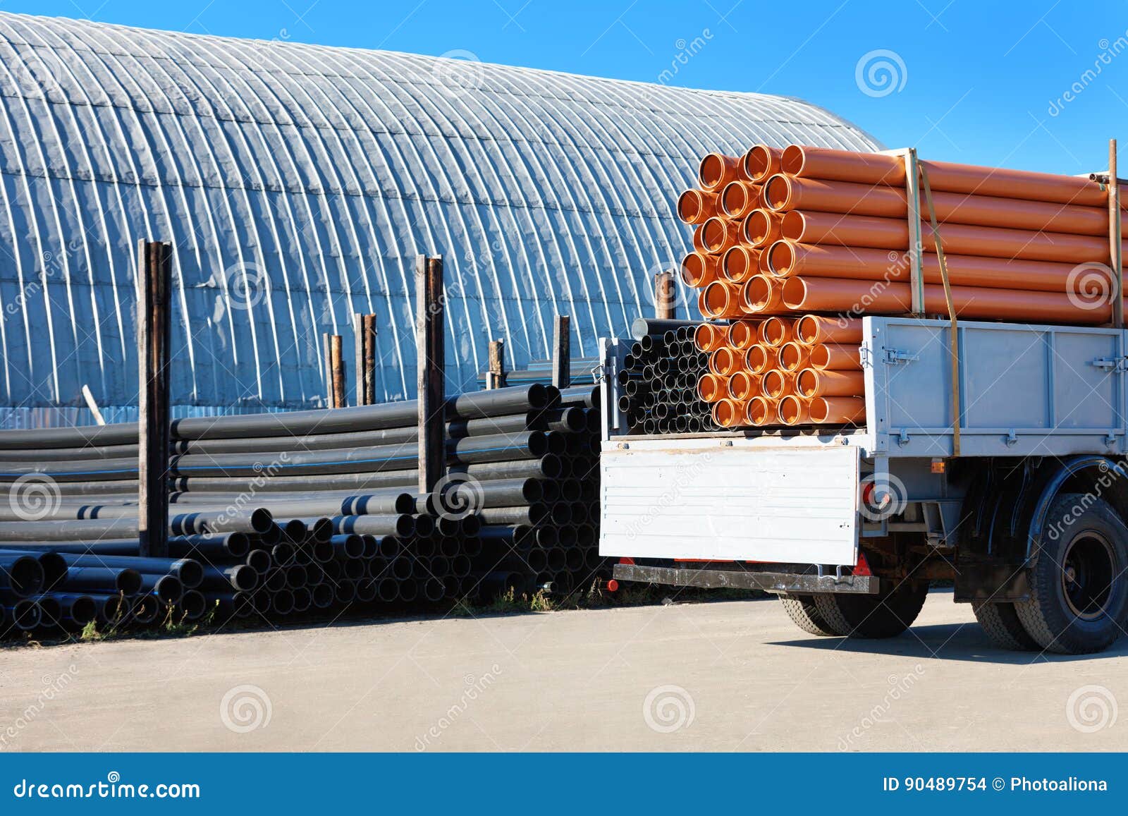 Truck Loads Stacks of Black Pvc Plastic Pipe Outdoors Outside the ...