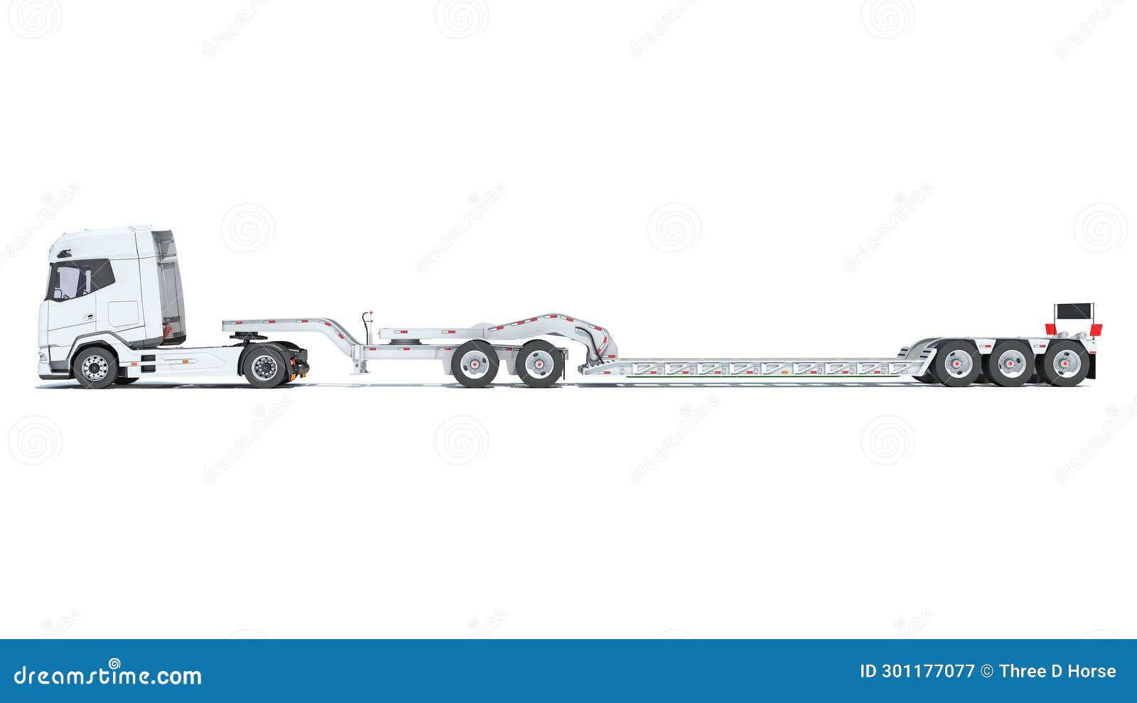 Truck with Lowboy Flatbed Trailer 3D Rendering on White Background ...