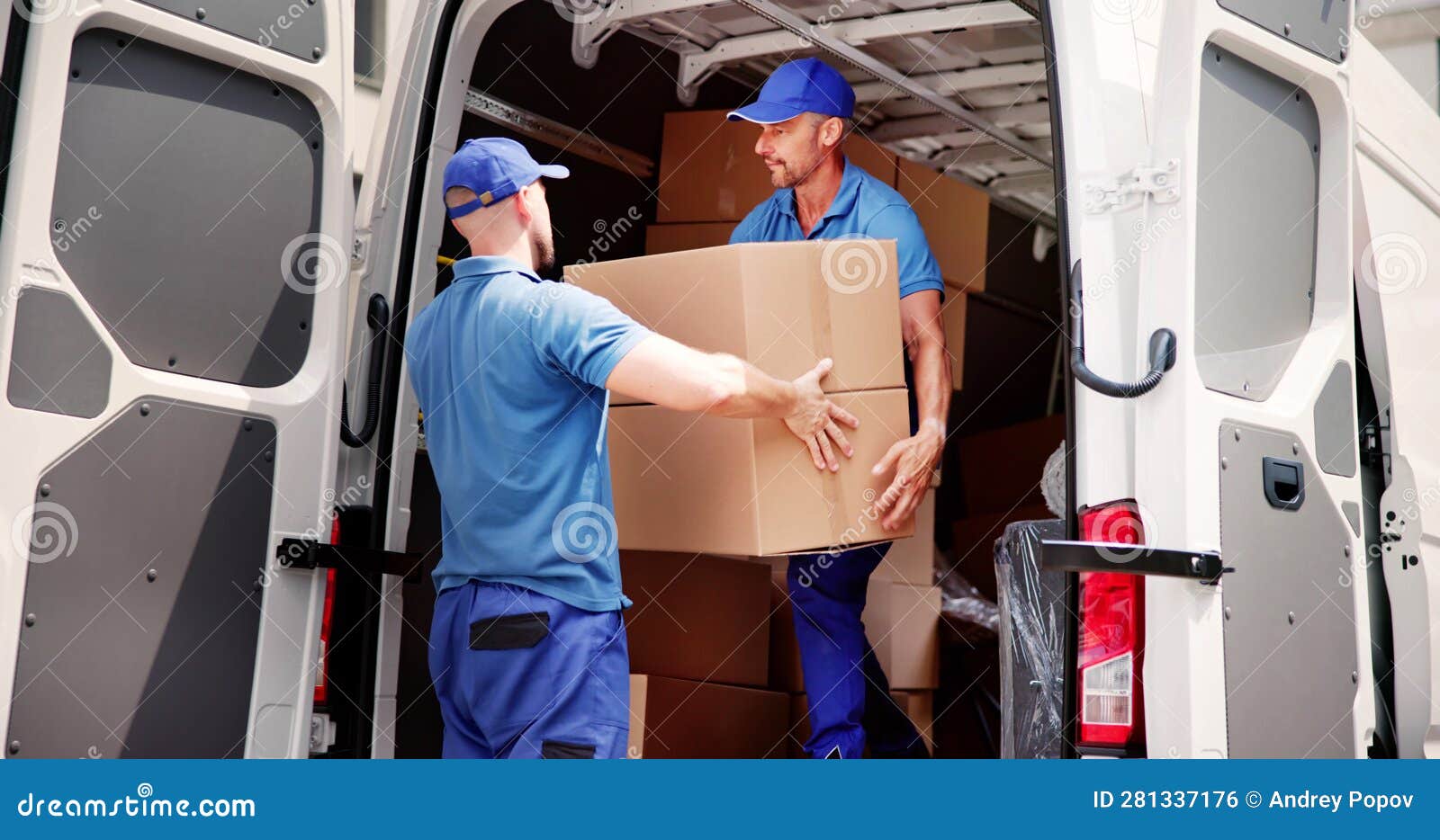Truck Movers Loading Van Carrying Boxes Stock Photo - Image of people ...