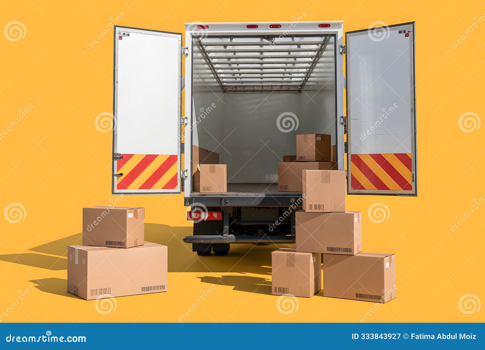 Truck with Open Back Doors, Empty Cargo Space, Yellow Background ...