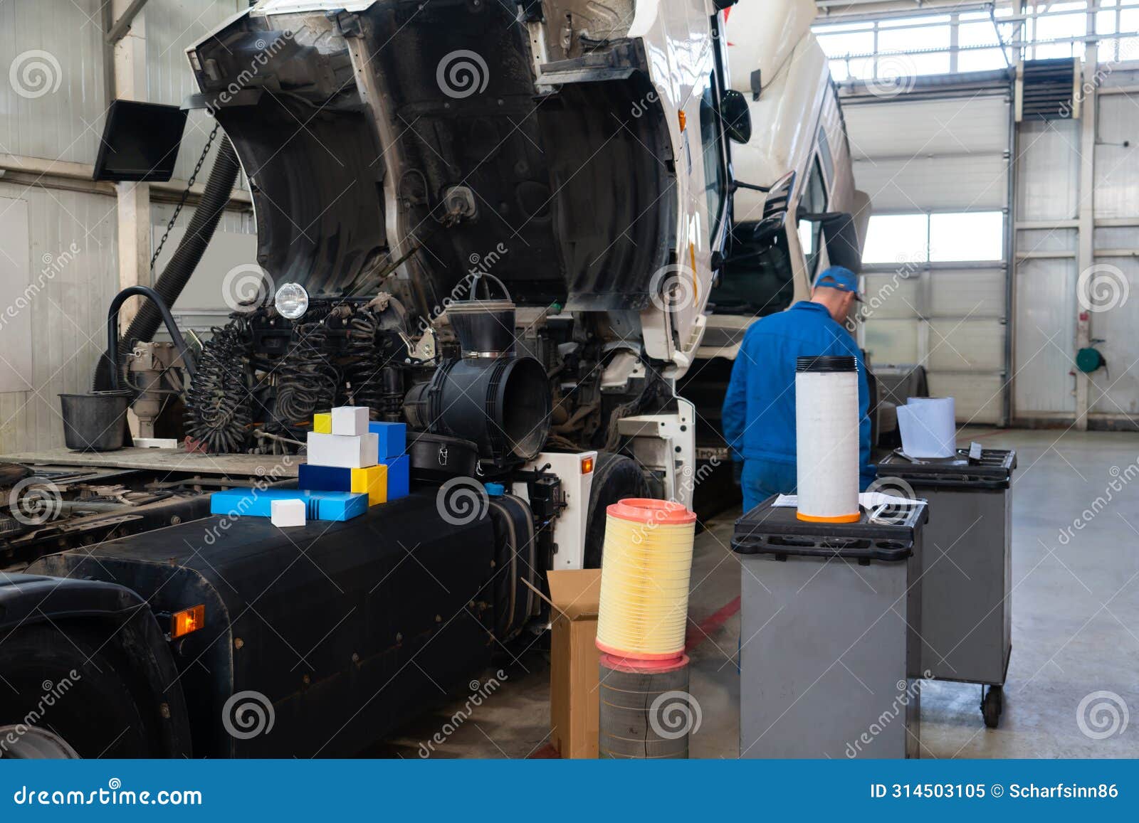 Truck Repair Service Indoors. Maintenance Workshop. Stock Image - Image ...