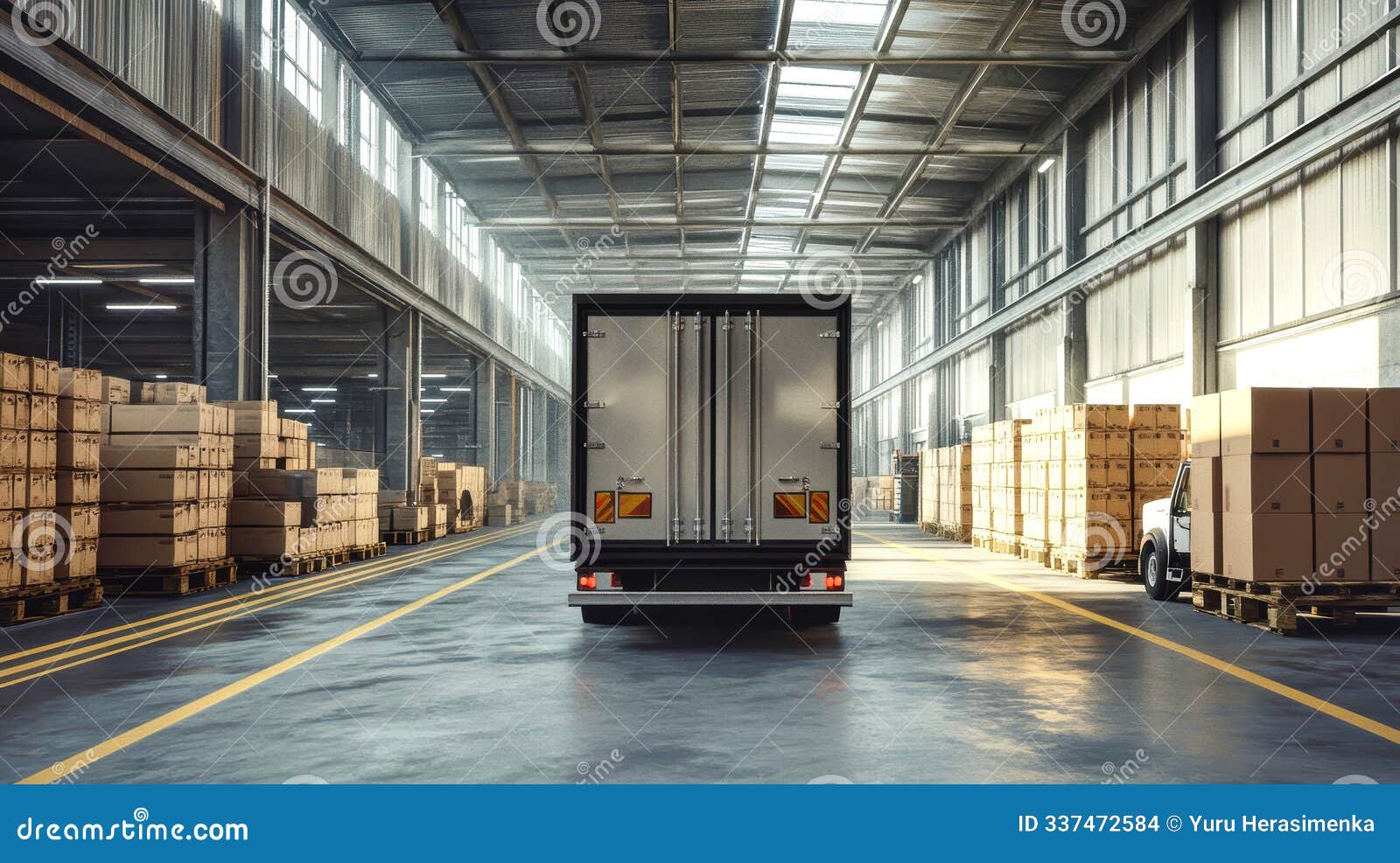 A Truck Stands Ready, Its Doors Open Wide, As Workers Busily Load And ...