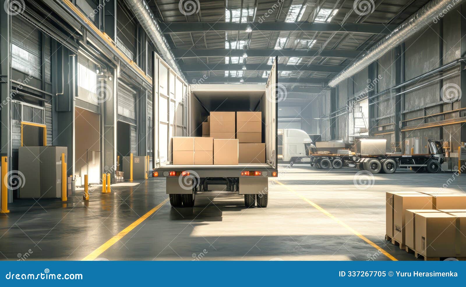 A Truck Stands Ready, Its Doors Open Wide, As Workers Busily Load And ...