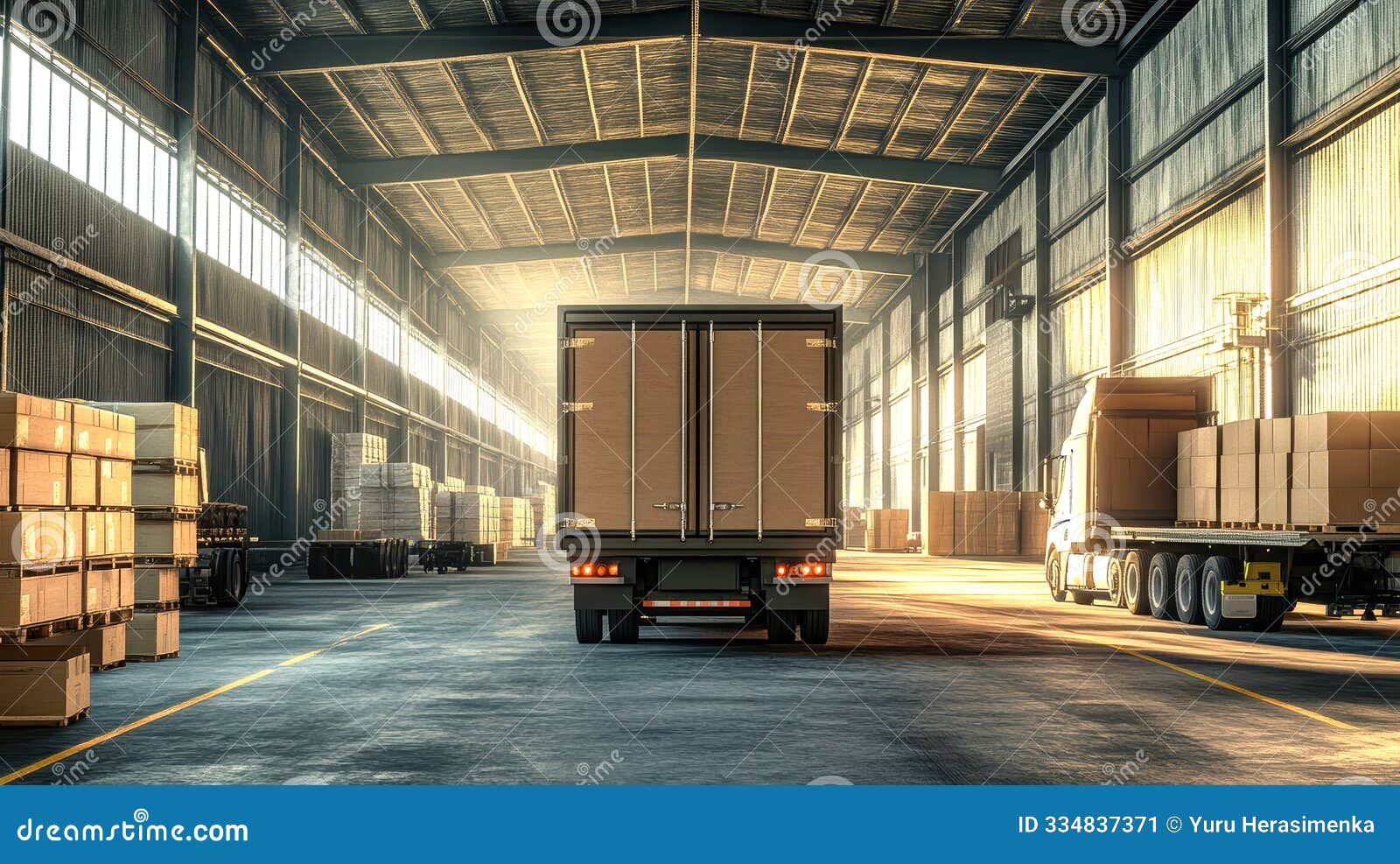 A Truck Stands With Its Doors Ajar In A Large Warehouse, Actively ...