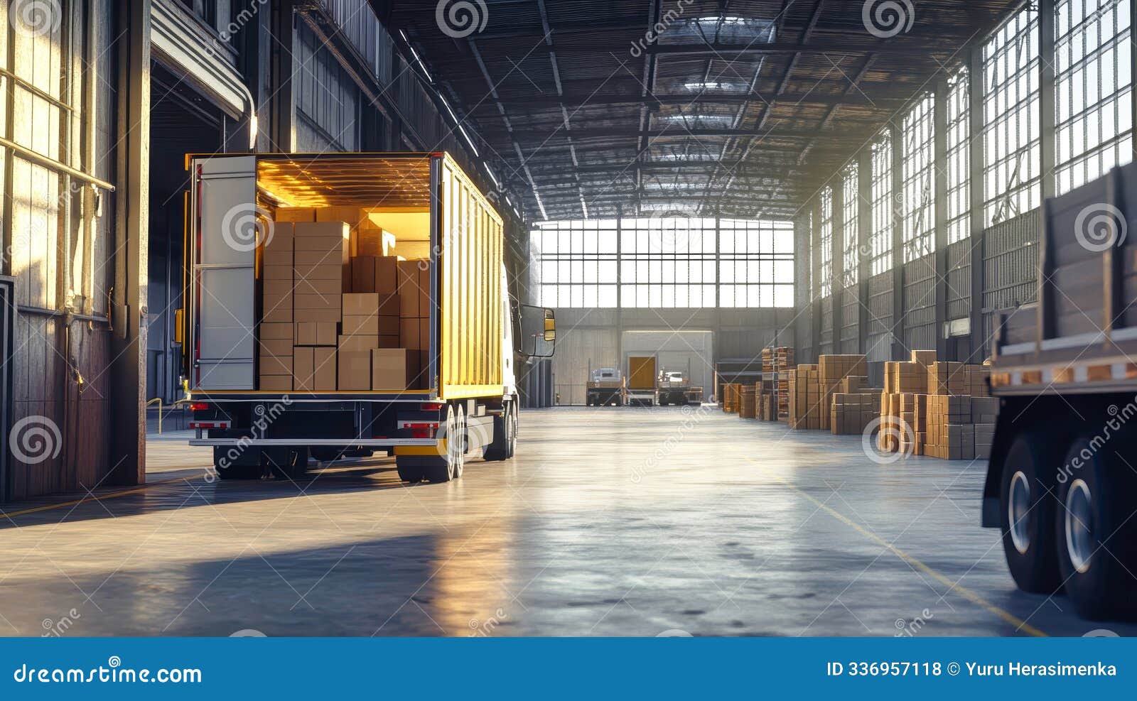 A Truck Stands In A Large Warehouse, Its Doors Wide Open, As Workers ...