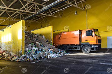 Truck Throws Garbage at Sorting Modern Waste Recycling Processing Plant ...