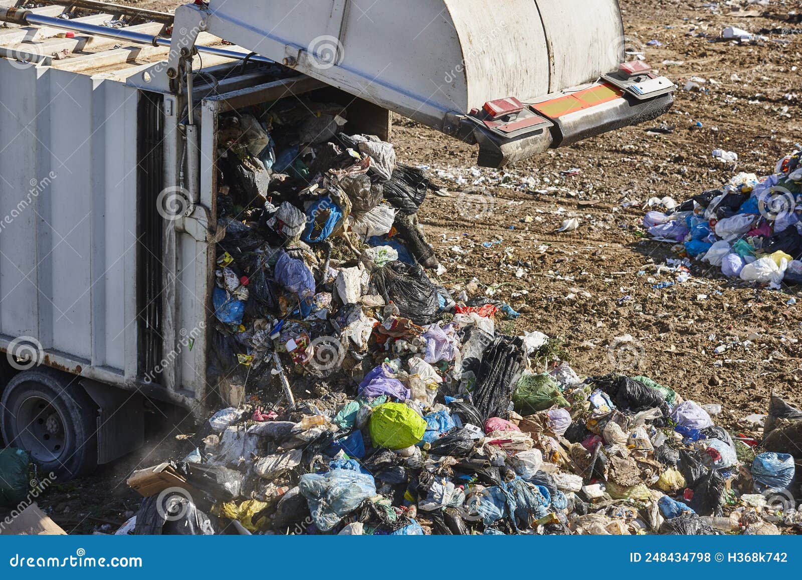 Truck Unloading Garbage on an Open Air Dump. Waste Treatment Stock ...
