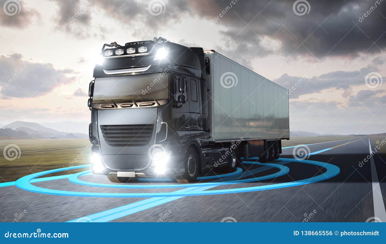 Truck with Visualized Sensor Graphics Driving on a Highway Stock Photo ...