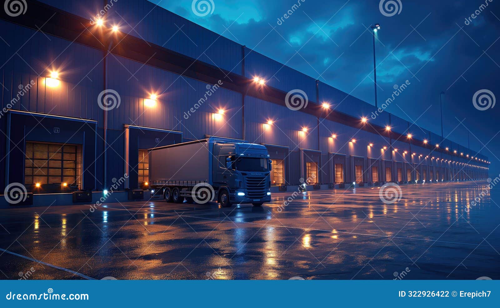 Truck in the Warehouse at Night. Cargo Transportation Concept. 3d ...