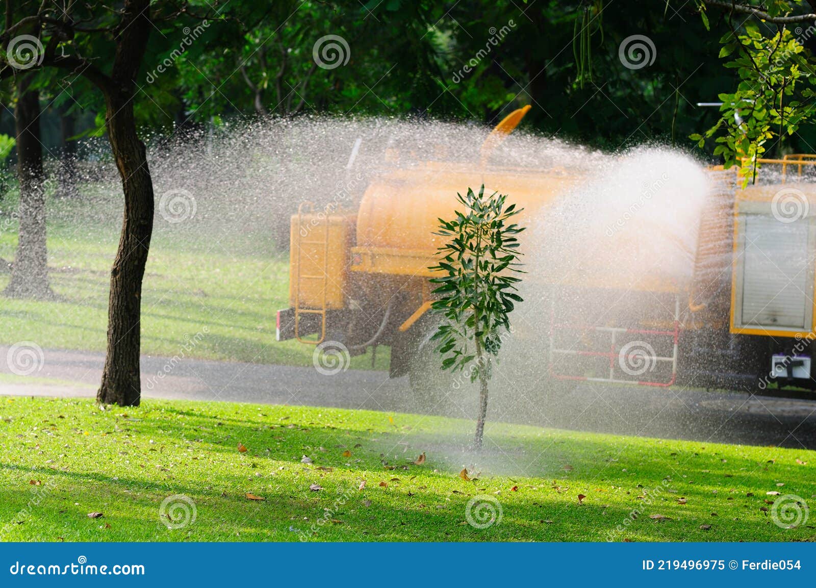Truck Watering the Grass and Trees Stock Image - Image of environment ...