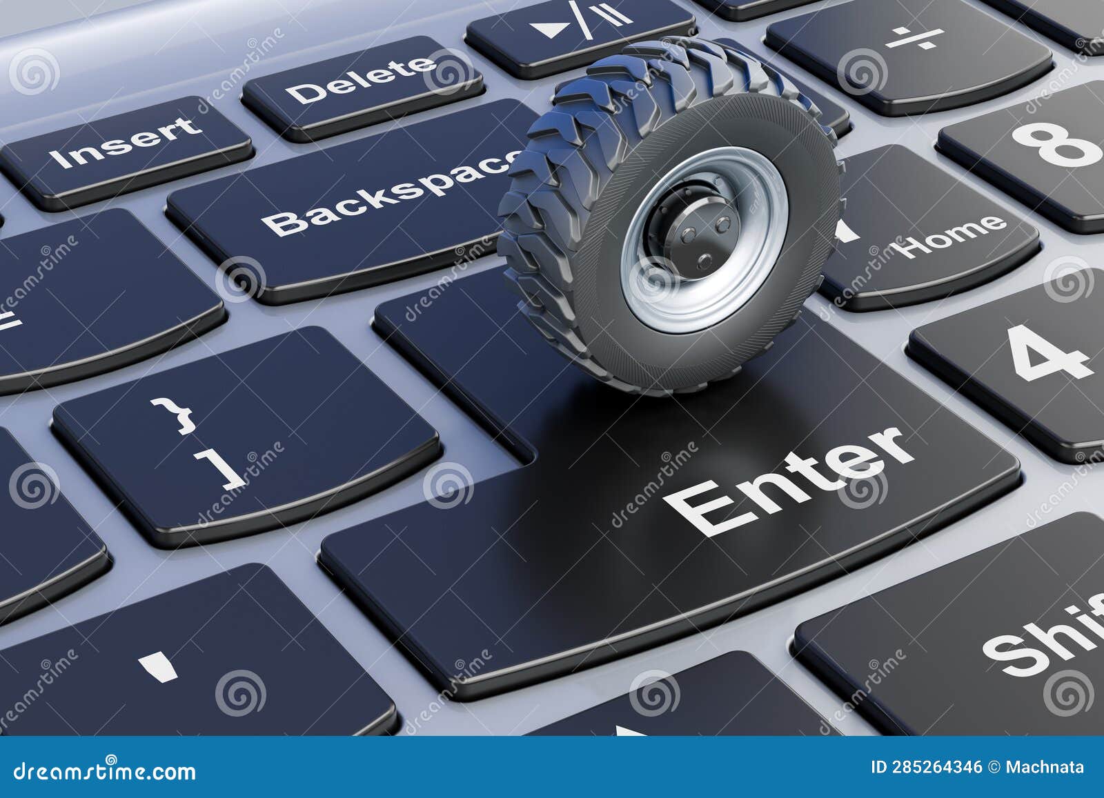 Truck Wheel on Laptop Keyboard. 3D Rendering Stock Illustration ...
