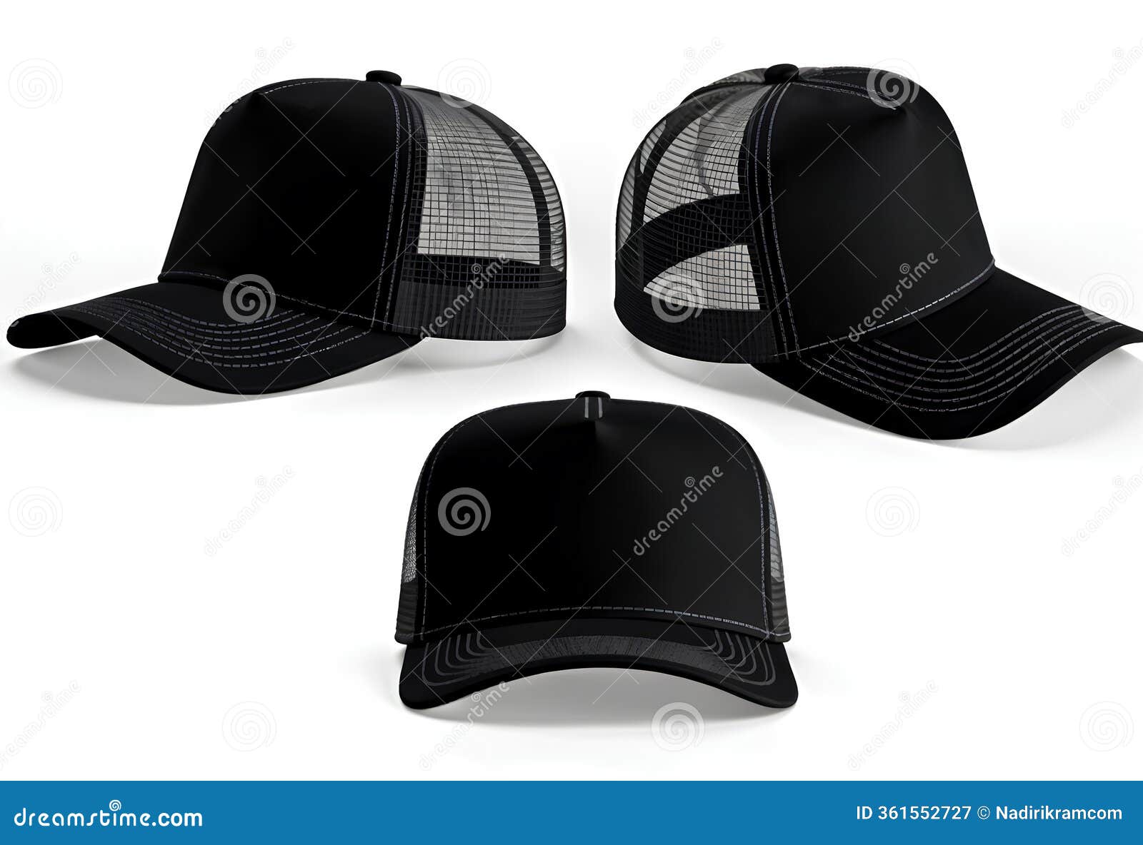 Trucker Black Cap with Black Visor Realistic Mockup Front and Side View ...