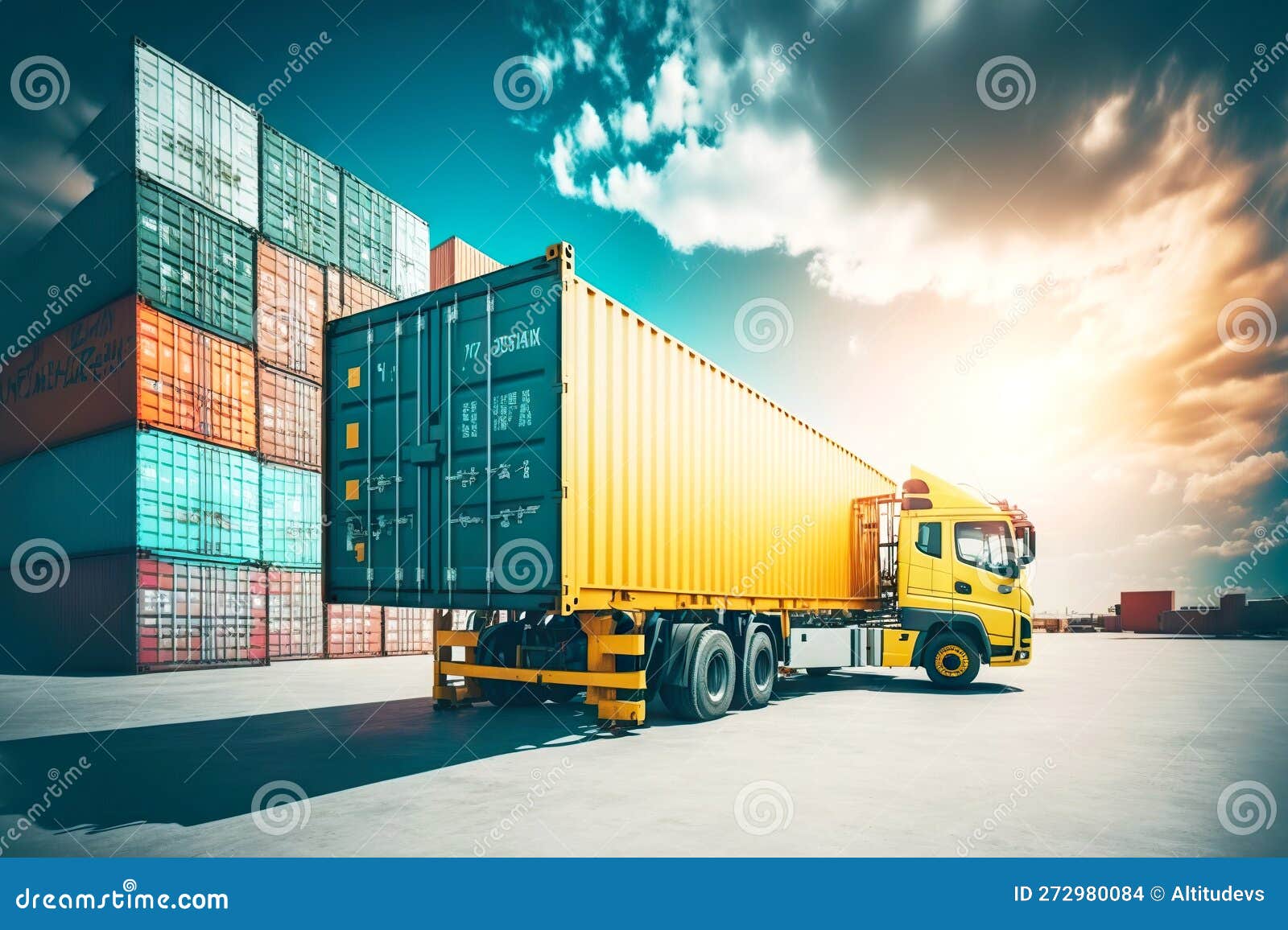 Trucks Bringing and Unloading Containers with Cargo in Cargo Port Stock ...