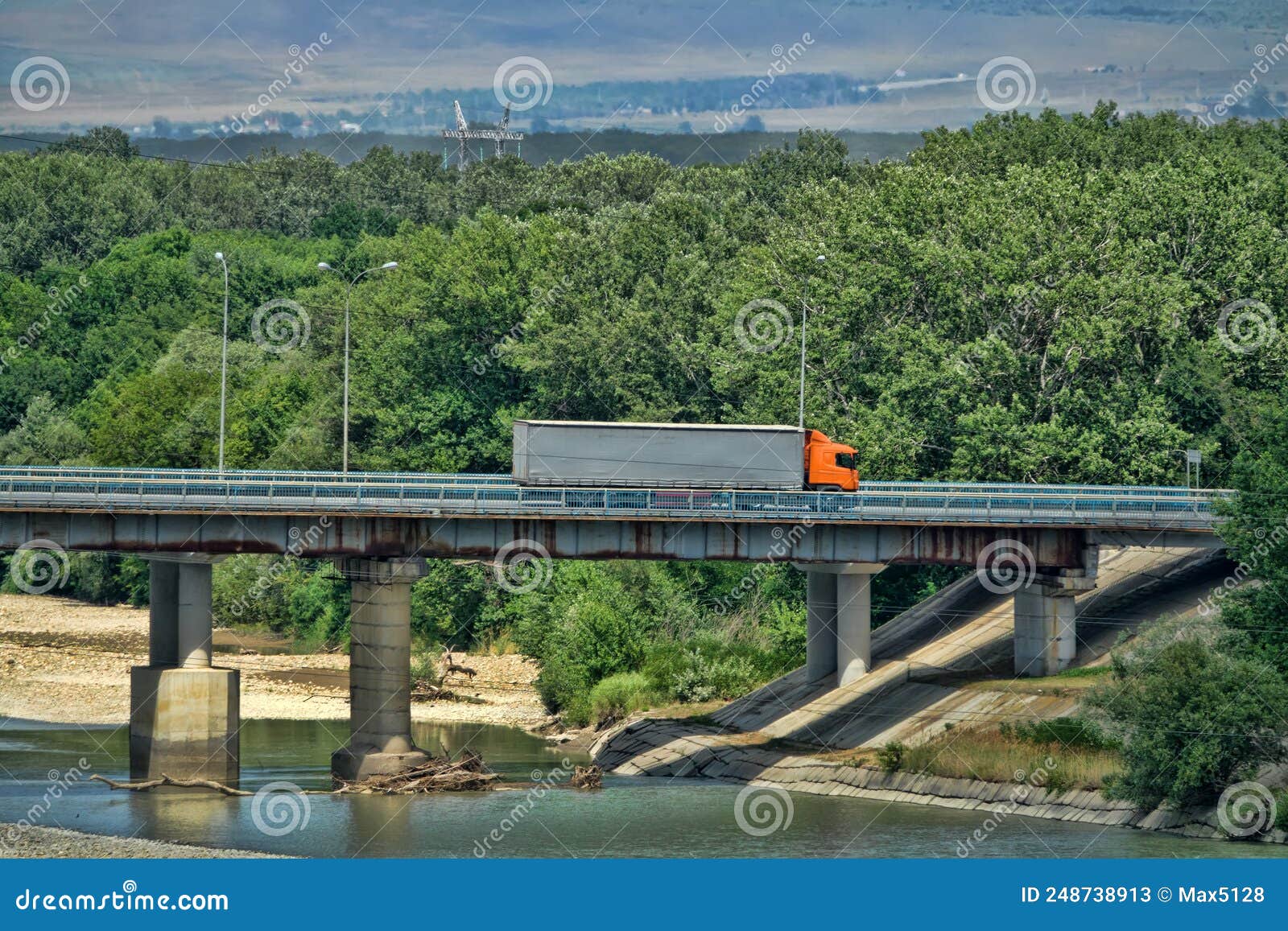 Trucks cross the river stock image. Image of concrete - 248738913