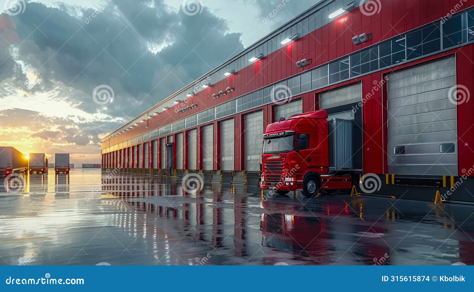 Trucks in a Freight Terminal at Sunset Stock Illustration ...