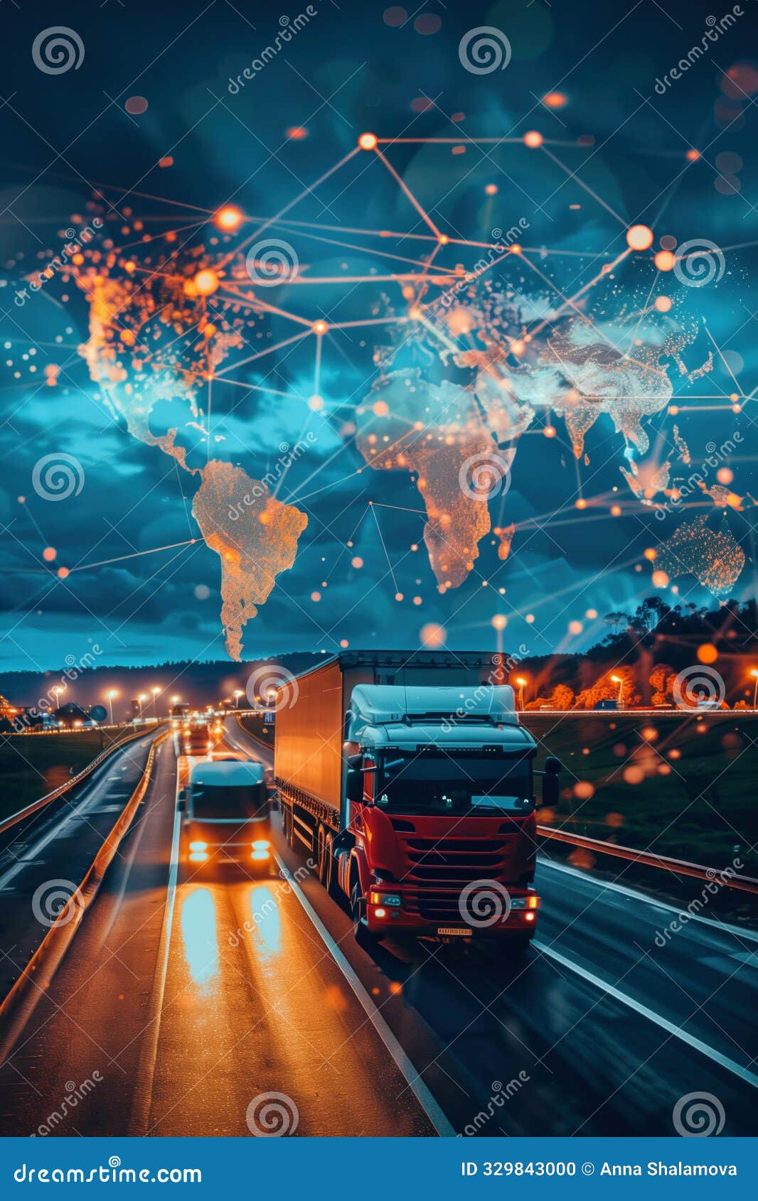 Trucks on Highway at Night with Digital World Map Overlay and Glowing ...