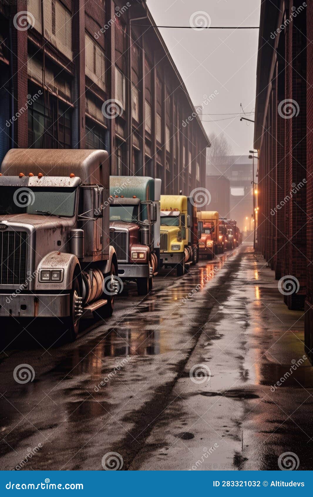 Trucks Lined Up at a Loading Dock Stock Illustration - Illustration of ...