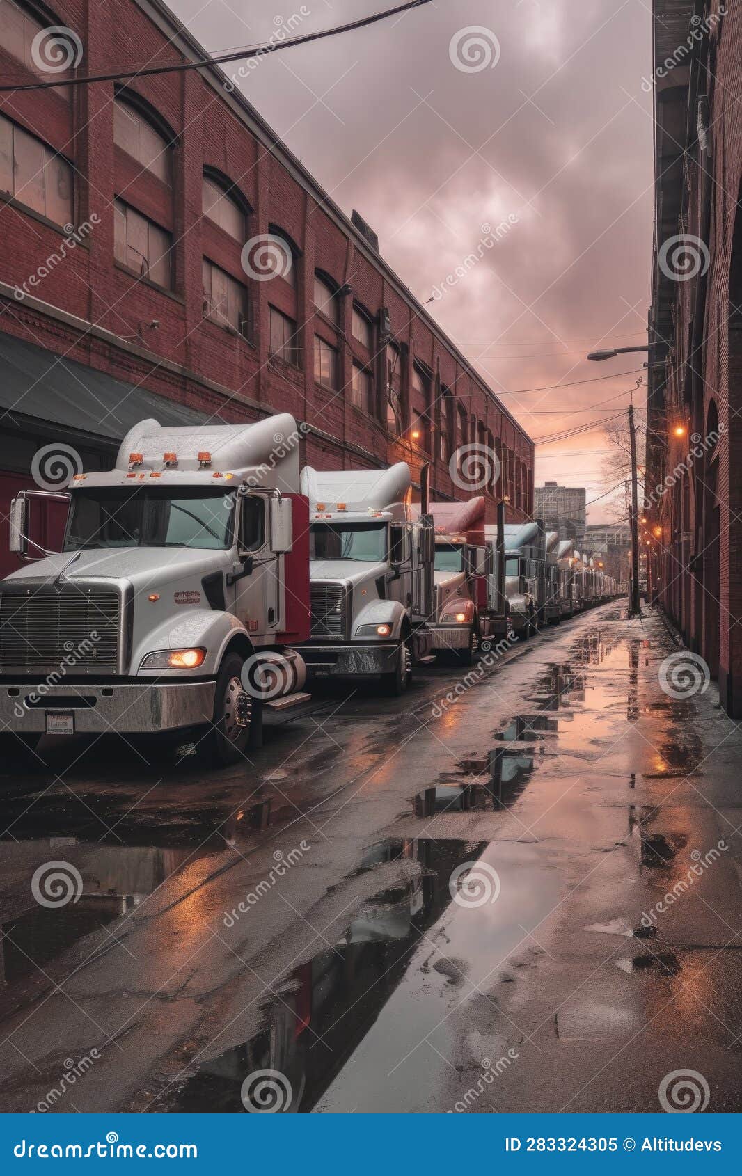 Trucks Lined Up at a Loading Dock Stock Illustration - Illustration of ...