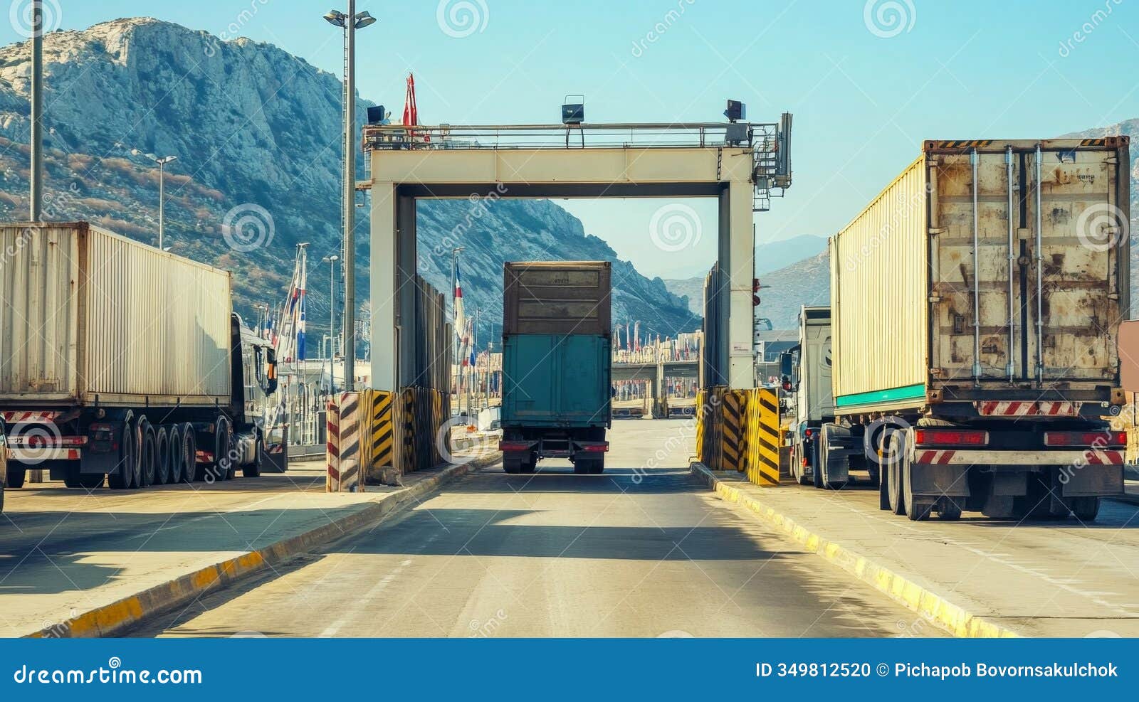Trucks Passing through Customs Checkpoint at Border Inspection Area ...