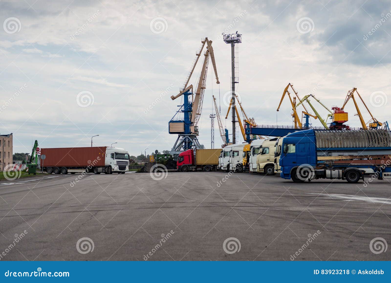 Trucks Waiting in Line at the Port of Transhipment. Stock Photo - Image ...