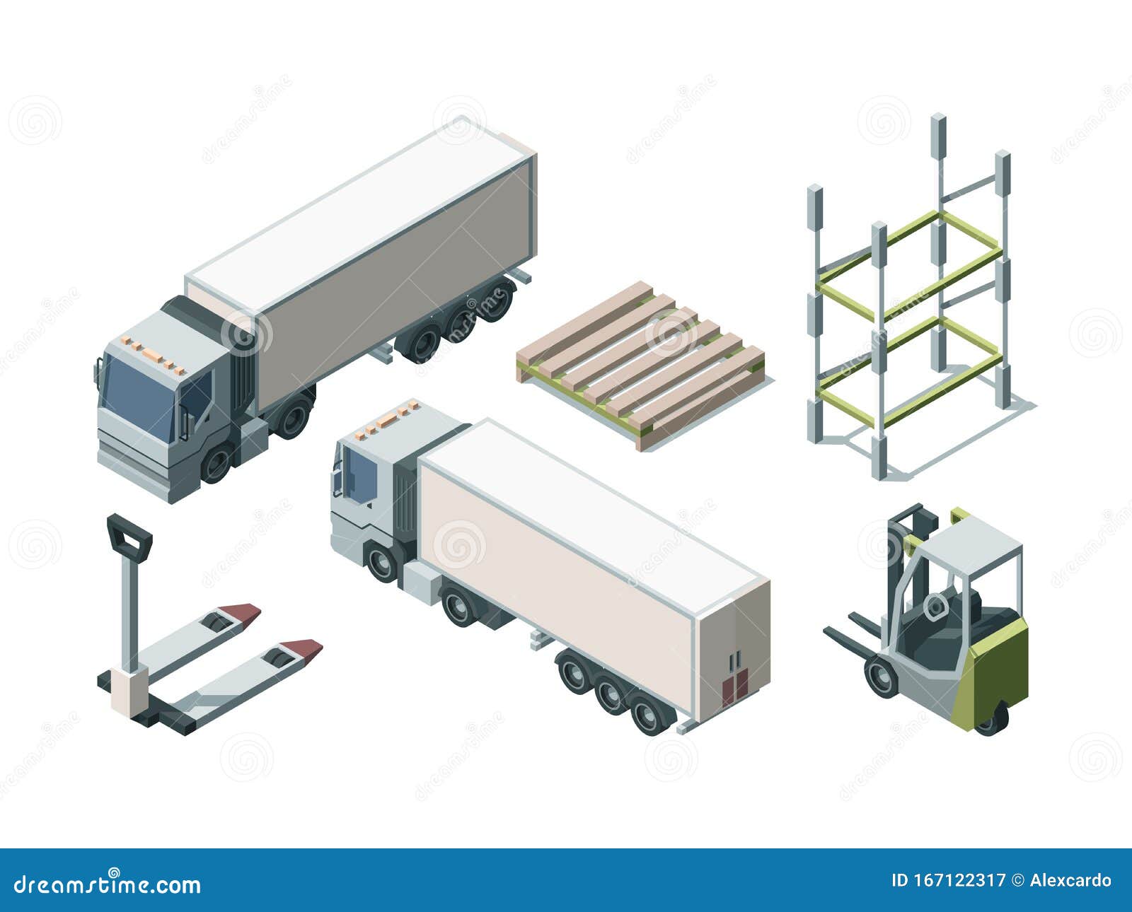 Trucks and Warehouse Equipment Isometric Vector Illustration Set Stock ...