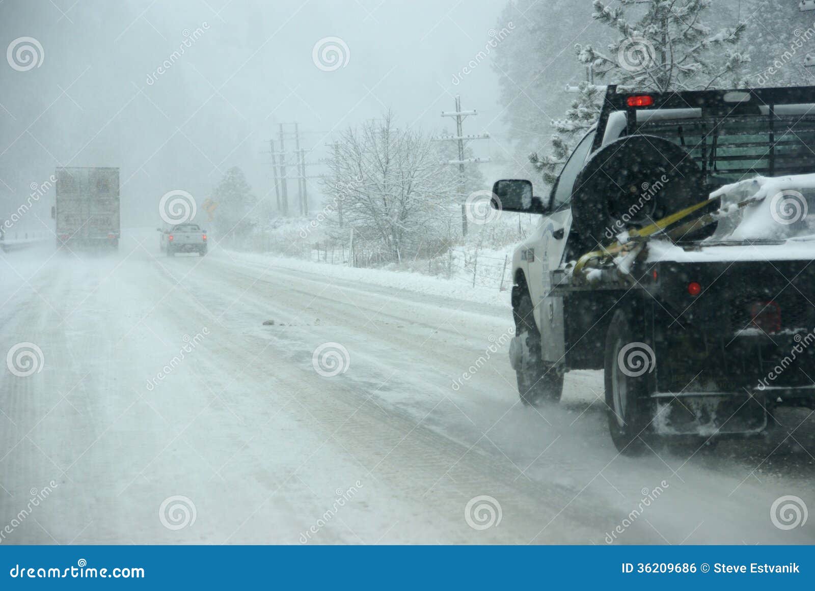 Trucks on Winter Highway during Snowstorm Stock Photo - Image of snow ...