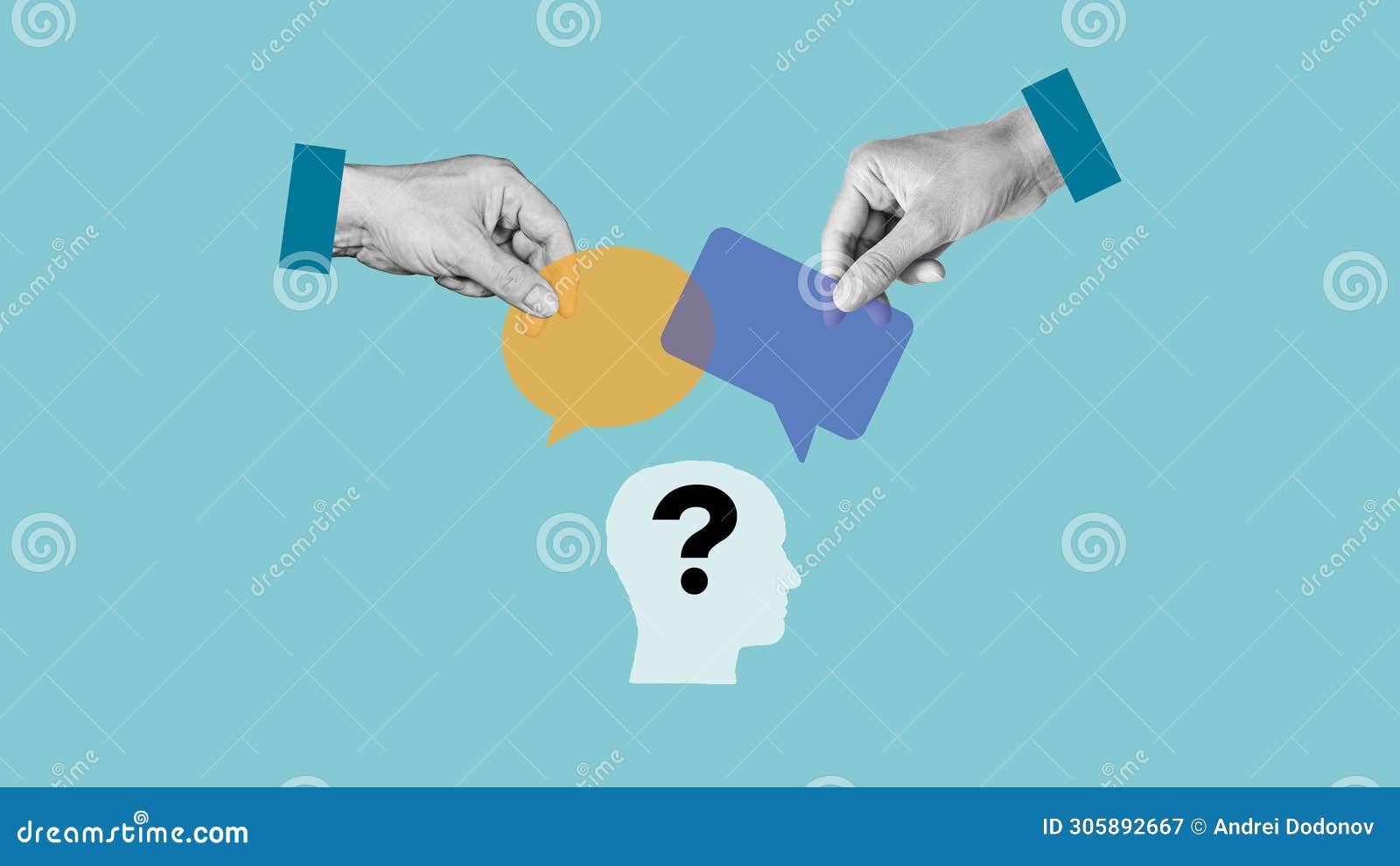 True or False. Head with Sign of Question is Looking Two Big Arms Hold ...