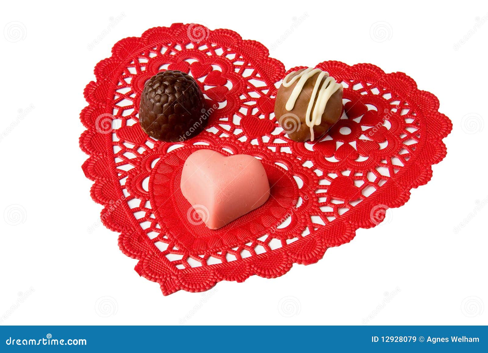 Truffles and Heart Candy on Red Lace Doily Stock Image - Image of ...