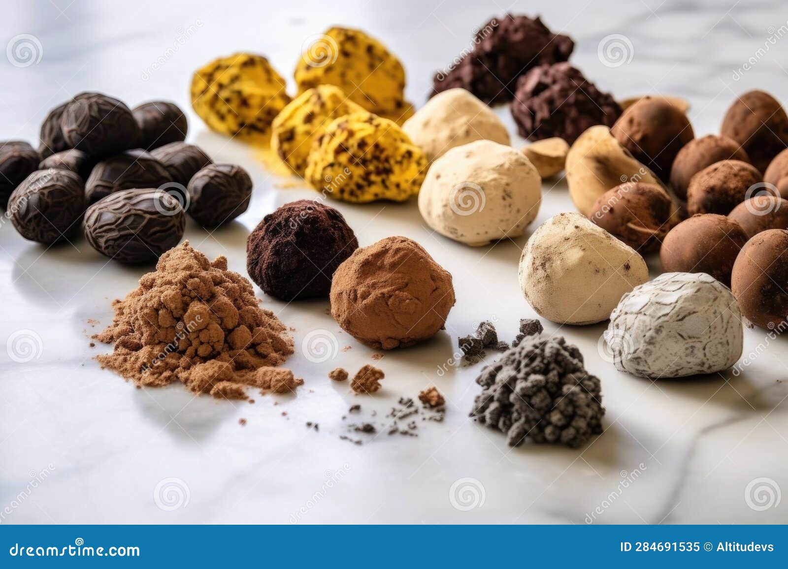 Truffles in Various Stages of Preparation on a Marble Surface Stock ...