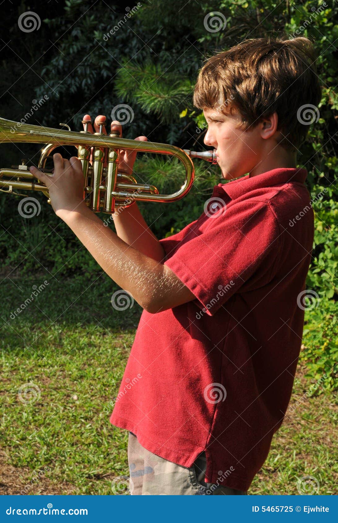 Trumpet practice stock image. Image of shirt, hair, blowing - 5465725