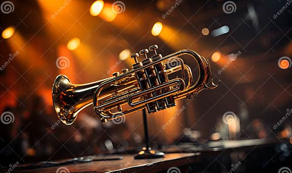 Trumpet on Stand in Front of Stage Stock Photo - Image of venue, music ...