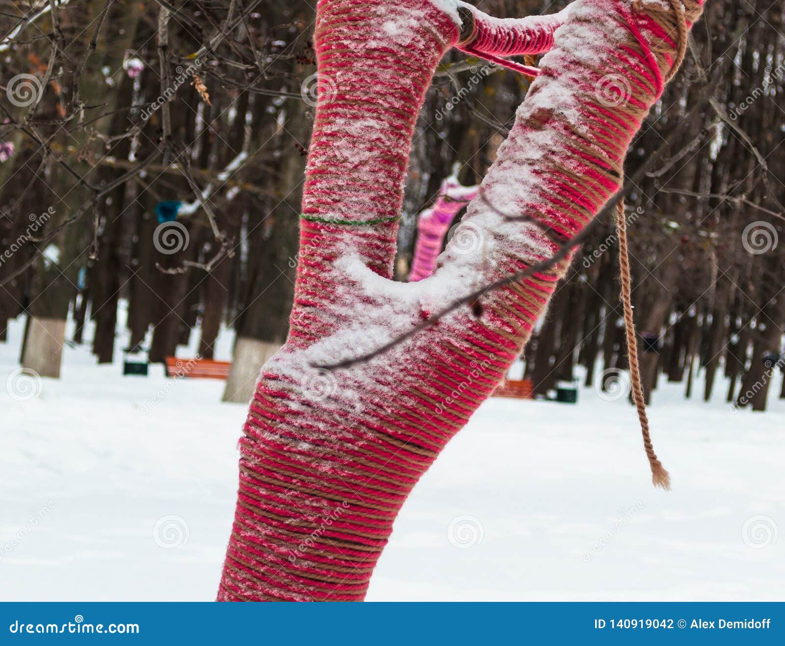 The Trunk of the Tree is Decorated with Red Thread. the Decor of the ...