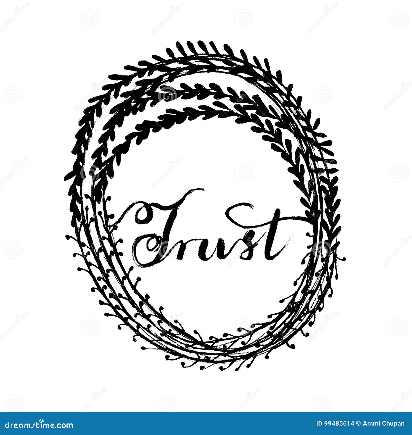Trust Calligraphy by Hand Drawn with Wreath Leaf Decoration in Black ...