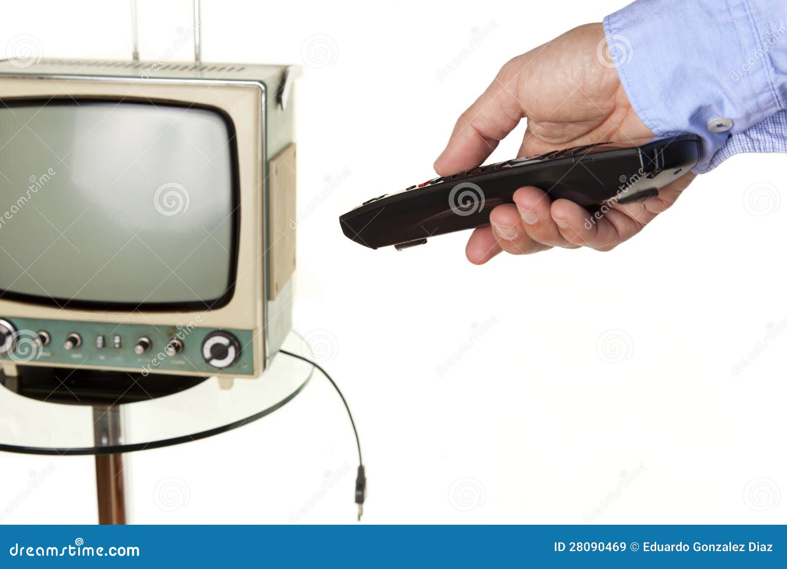 Trying to turn on the TV stock image. Image of white - 28090469